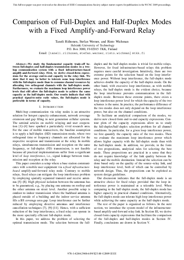 (PDF) Comparison of Full-Duplex and Half-Duplex Modes with a Fixed Amplify-and-Forward Relay