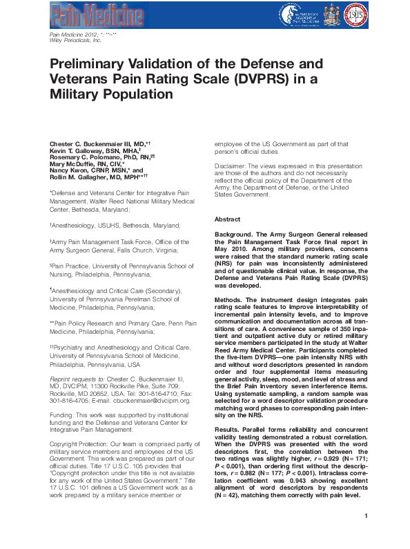 (PDF) Preliminary Validation of the Defense and Veterans Pain Rating ...