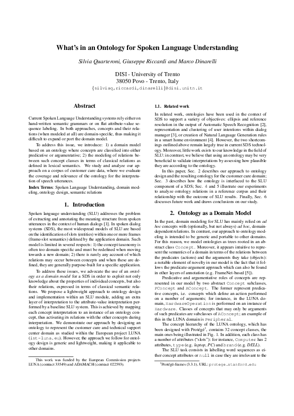 (PDF) What's in an ontology for spoken language understanding