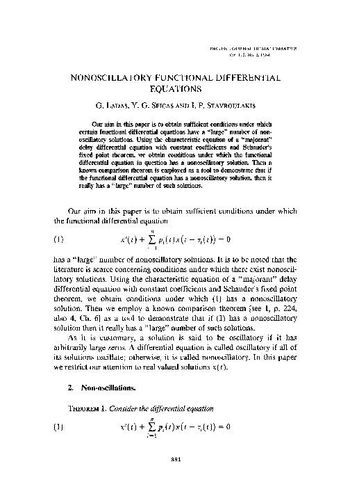 Pdf Nonoscillatory Functional Differential Equations