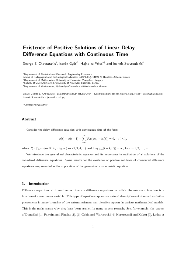(PDF) Existence of positive solutions of linear delay difference equations with continuous time