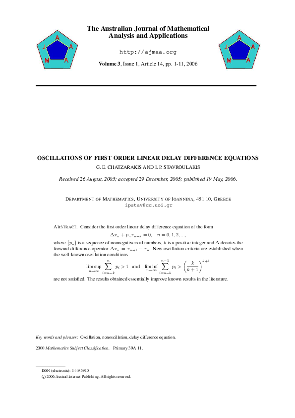 (PDF) Oscillations of first order linear delay difference equations | Ioannis Stavroulakis ...