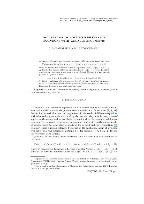 Pdf Oscillations Of Advanced Difference Equations With Variable Arguments
