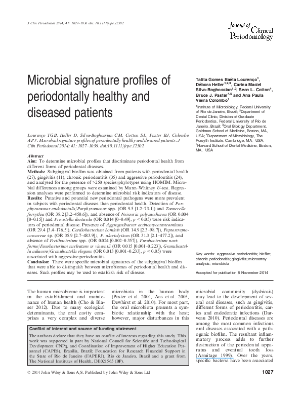 (PDF) Microbial signature profiles of periodontally healthy and ...
