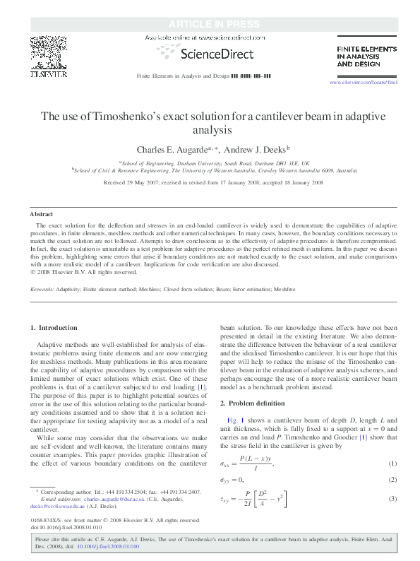 (PDF) The use of Timoshenko's exact solution for a cantilever beam in adaptive analysis