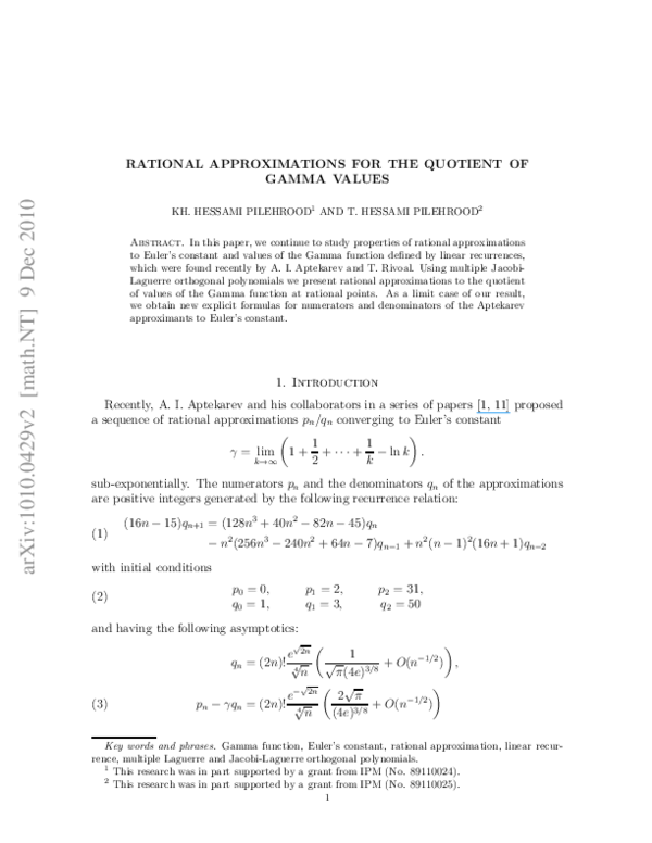 Pdf Rational Approximations For The Quotient Of Gamma Values