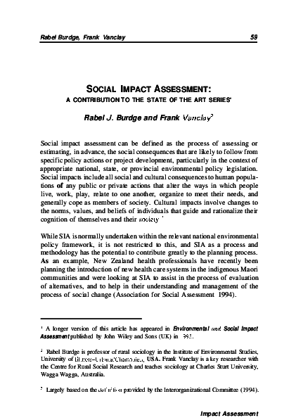 (PDF) SOCIAL IMPACT ASSESSMENT: A CONTRIBUTION TO THE STATE OF THE ART ...