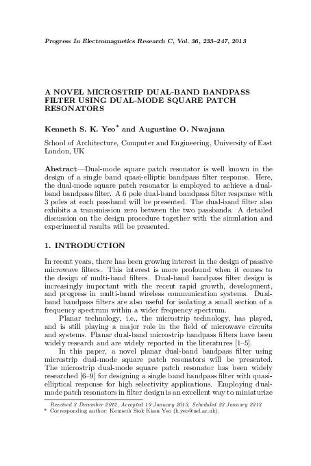 Pdf A Novel Microstrip Dual Band Bandpass Filter Using Dual Mode Square Patch Resonators