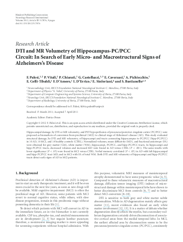 (PDF) DTI and MR Volumetry of Hippocampus-PC/PCC Circuit: In Search of ...