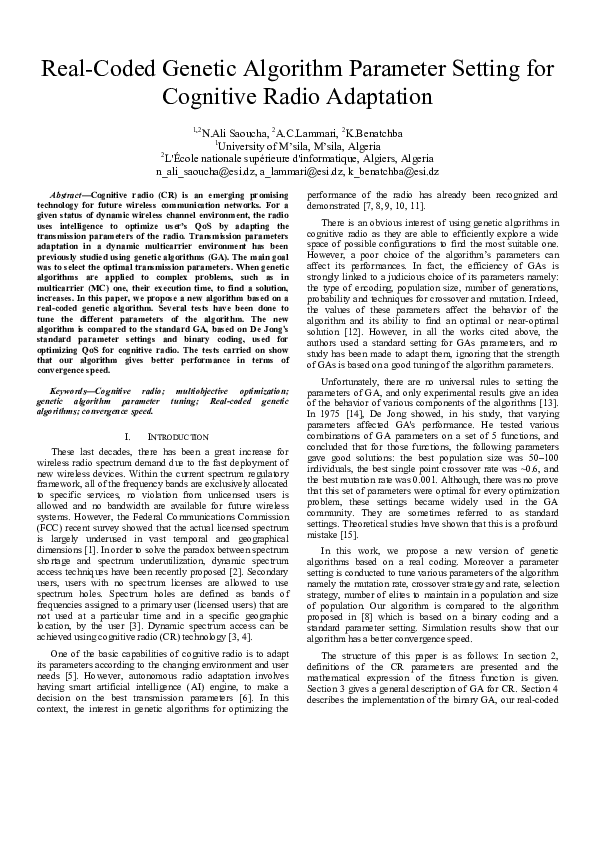 Pdf Real Coded Genetic Algorithm Parameter Setting For Cognitive Radio Adaptation