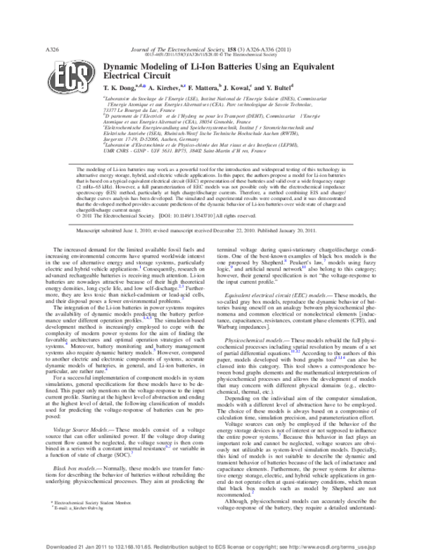 Pdf Dynamic Modeling Of Li Ion Batteries Using An Equivalent Electrical Circuit