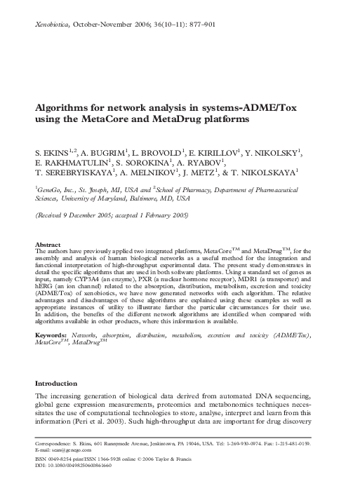 Algorithms For Network Analysis In Systems Admetox Using The Metacore And Metadrug Platforms