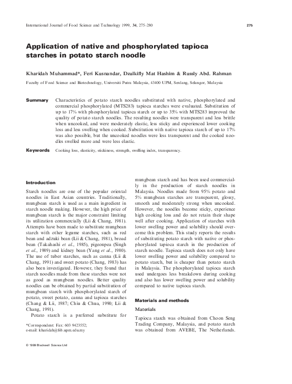 (PDF) Application of Native and Phosphorylated Tapioca Starches in Potato Starch Noodle