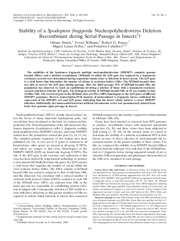 (PDF) Stability of a Spodoptera frugiperda Nucleopolyhedrovirus ...