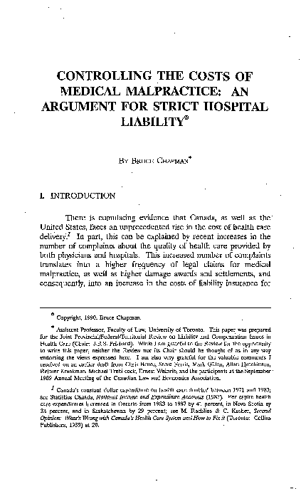 (PDF) Controlling the costs of medical malpractice: an argument for ...