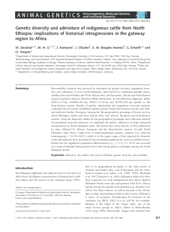 (PDF) Genetic diversity and admixture of indigenous cattle from North Ethiopia: implications of ...