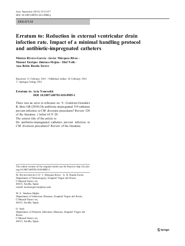 (PDF) Erratum to: Reduction in external ventricular drain infection ...