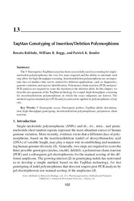 (PDF) TaqMan Genotyping of Insertion/Deletion Polymorphisms | Bill Beggs and Renato Robledo ...