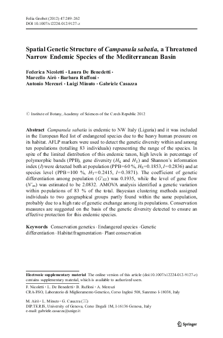 (PDF) Spatial Genetic Structure of Campanula sabatia, a Threatened Narrow Endemic Species of the ...
