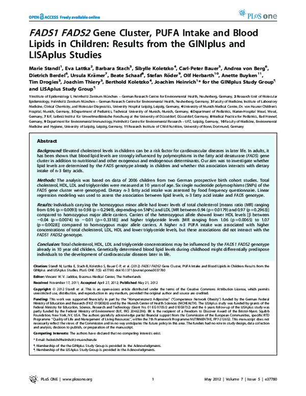 (PDF) FADS1 FADS2 Gene Cluster, PUFA Intake and Blood Lipids in Children: Results from the ...