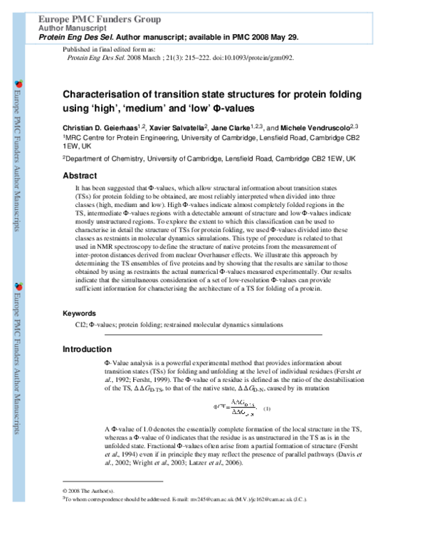 Pdf Characterisation Of Transition State Structures For Protein Folding Using High Medium