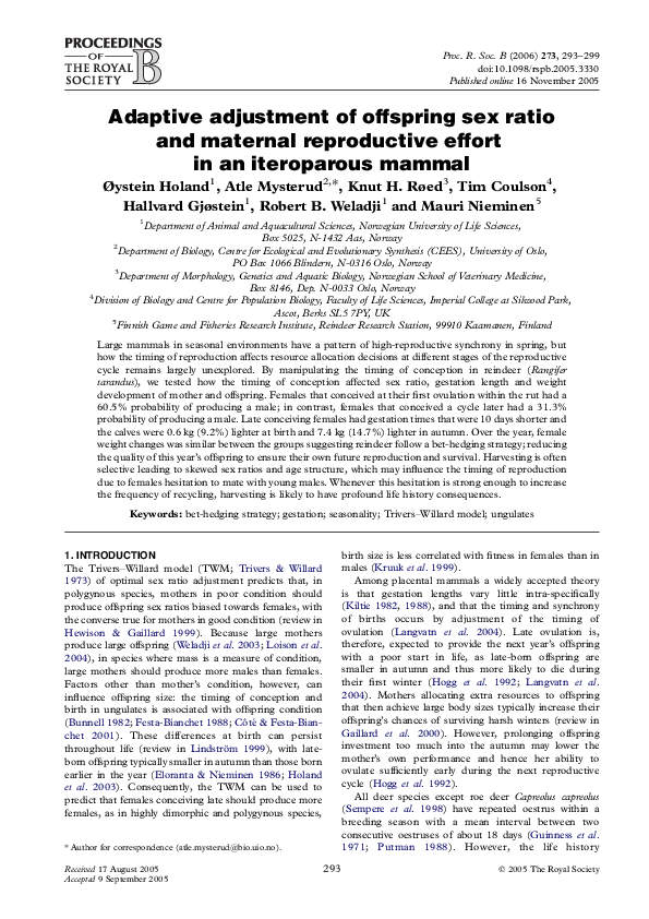 Pdf Adaptive Adjustment Of Offspring Sex Ratio And Maternal Reproductive Effort In An