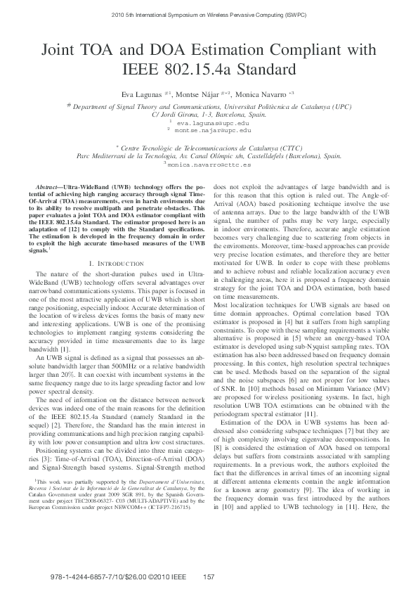 (PDF) Joint TOA and DOA estimation compliant with IEEE 802.15.4a Standard