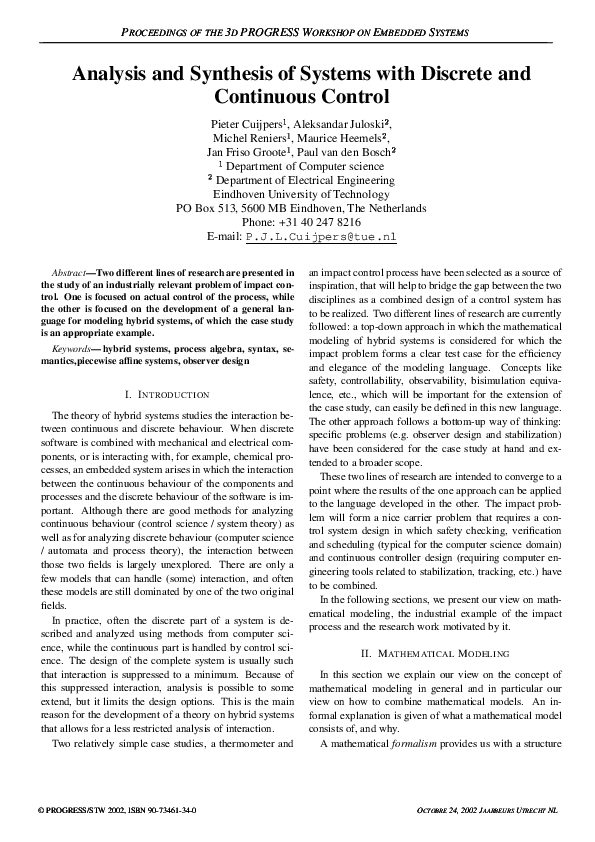 Pdf Analysis And Synthesis Of Systems With Discrete And Continuous