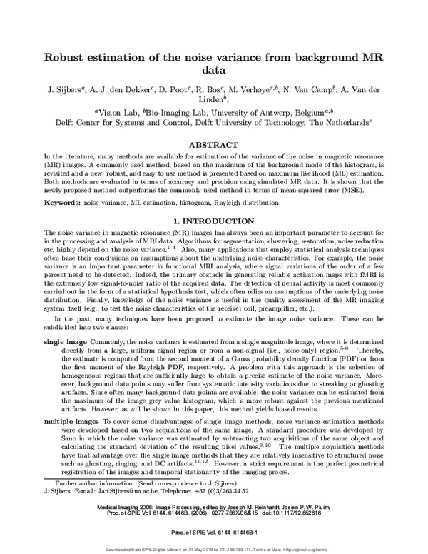 Pdf Robust Estimation Of The Noise Variance From Background Mr Data