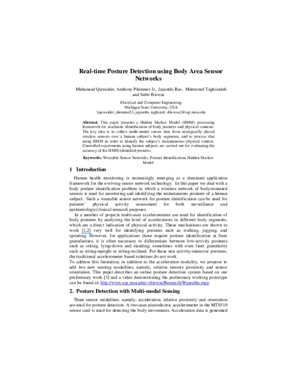 (PDF) Real-time posture detection using body area sensor networks