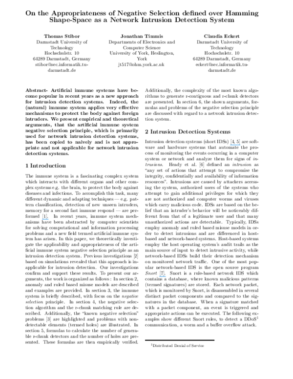 (PDF) On the appropriateness of negative selection defined over hamming shape-space as a network ...