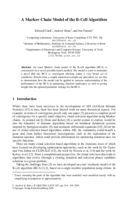 Pdf A Markov Chain Model Of The B Cell Algorithm