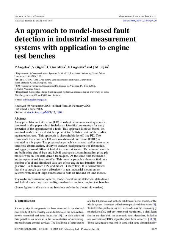 Pdf An Approach To Model Based Fault Detection In Industrial