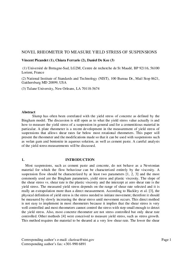 (PDF) Novel rheometer to measure yield stress of suspensions | Vincent ...