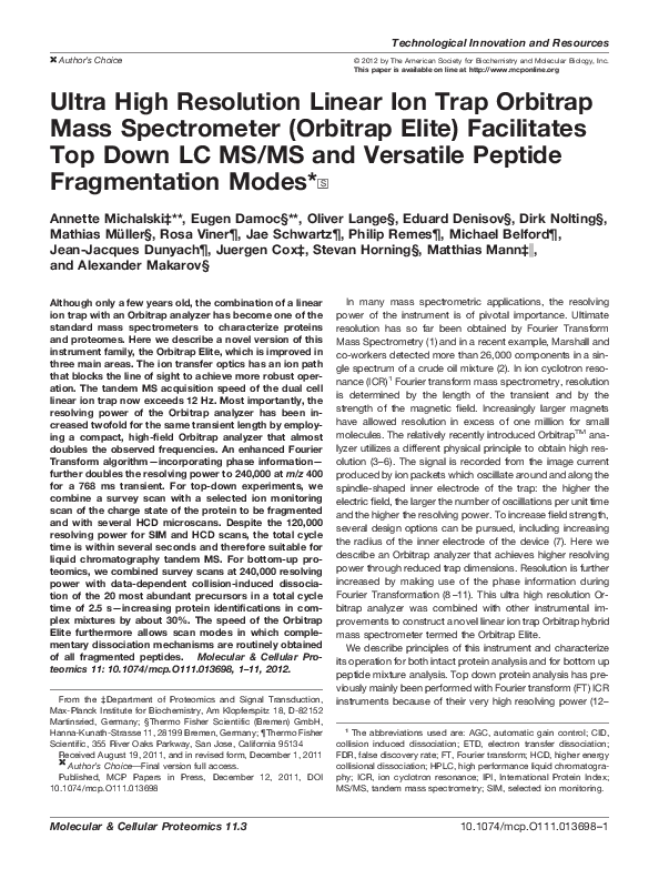 (PDF) Ultra High Resolution Linear Ion Trap Orbitrap Mass Spectrometer ...