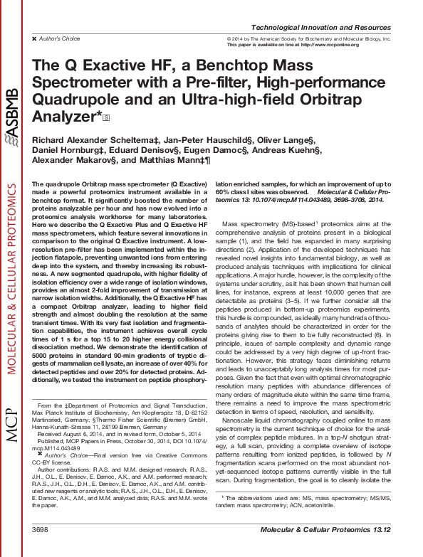 (PDF) The Q Exactive HF, a Benchtop Mass Spectrometer with a Pre-filter ...