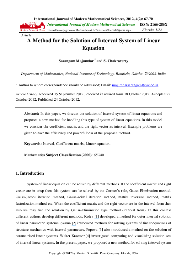 Pdf Method For The Solution Of Interval Systems Of Linear Equations