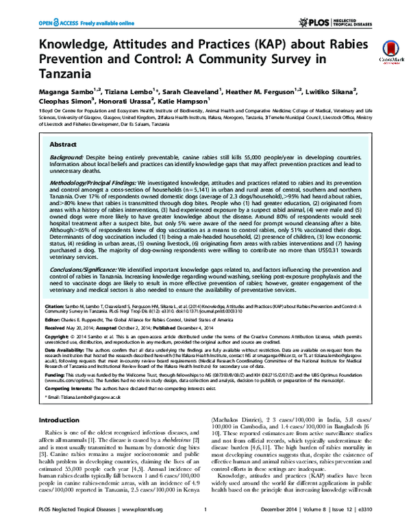 (PDF) Knowledge, Attitudes and Practices (KAP) about Rabies Prevention and Control: A Community ...