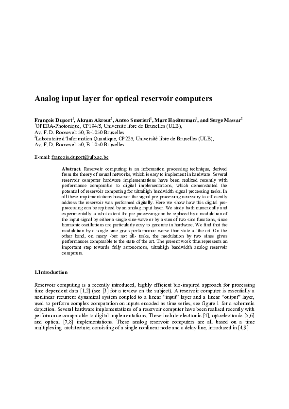 Pdf Analog Input Layer For Optical Reservoir Computers