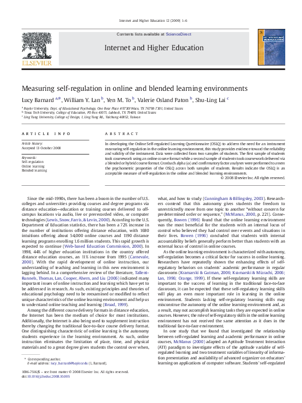 (PDF) Measuring self-regulation in online and blended learning environments