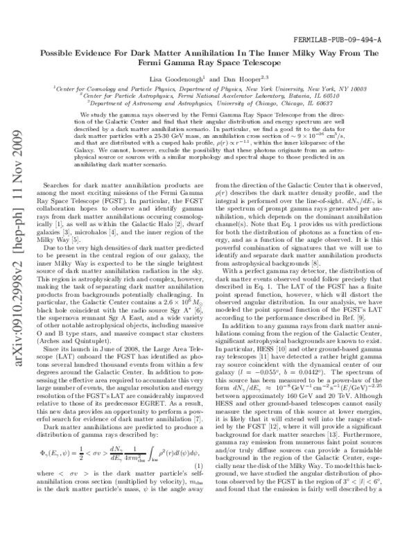 Pdf Possible Evidence For Dark Matter Annihilation In The Inner Milky Way From The Fermi Gamma