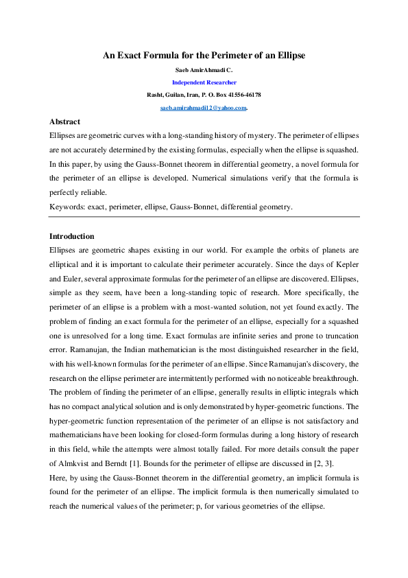 (PDF) An Exact Formula for the Perimeter of an Ellipse