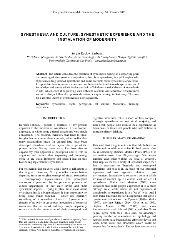 (PDF) Synesthesia and culture: synesthetic experience and the instalation of modernity