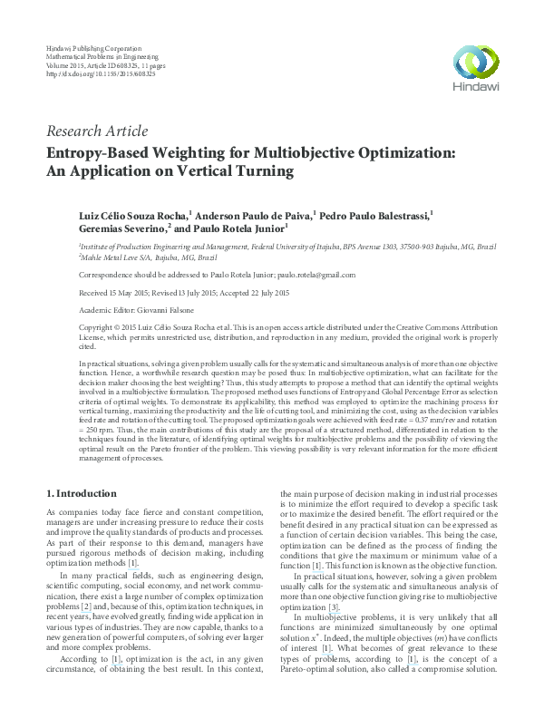 (PDF) Entropy-Based Weighting for Multiobjective Optimization: An Application on Vertical Turning