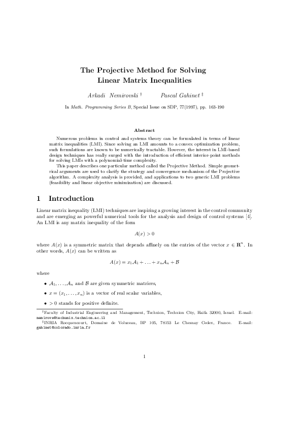 Pdf The Projective Method For Solving Linear Matrix Inequalities