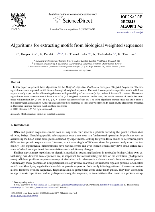 Pdf Algorithms For Extracting Motifs From Biological Weighted Sequences
