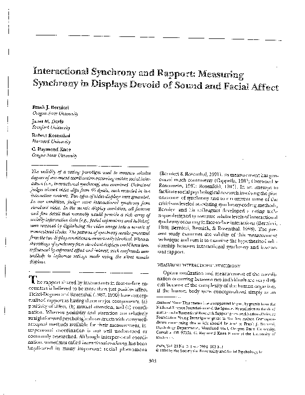 (PDF) Interactional Synchrony and Rapport: Measuring Synchrony in Displays Devoid of Sound and ...