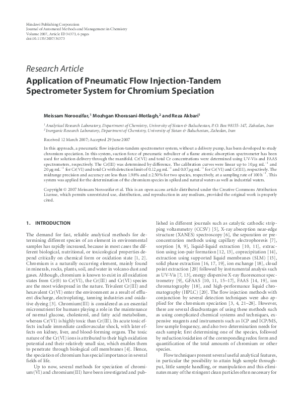 Pdf Application Of Pneumatic Flow Injection Tandem Spectrometer System For Chromium Speciation