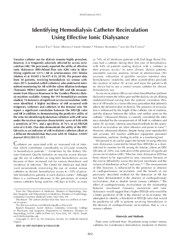 (PDF) Identifying Hemodialysis Catheter Recirculation Using Effective ...