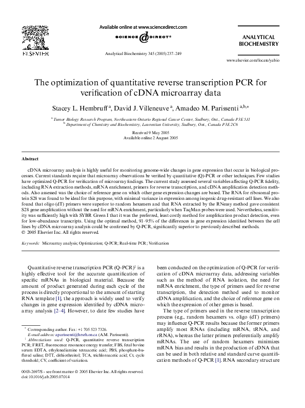 (PDF) The optimization of quantitative reverse transcription PCR for verification of cDNA ...